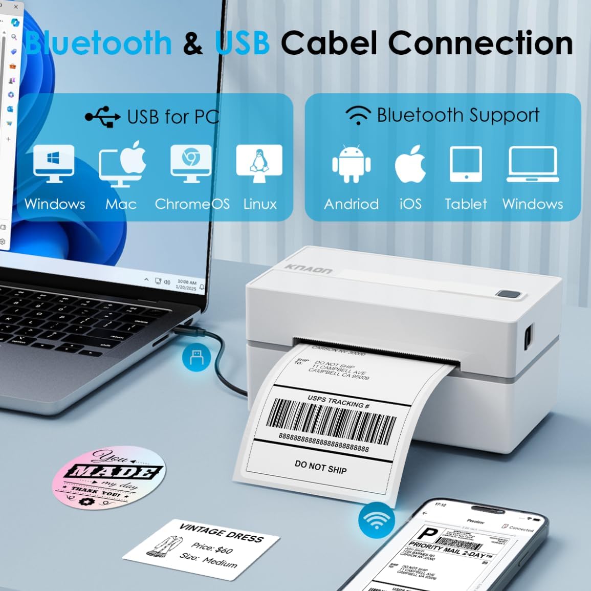 Bluetooth Thermal Shipping Label Printer, 4x6 Portable Thermal Address ...